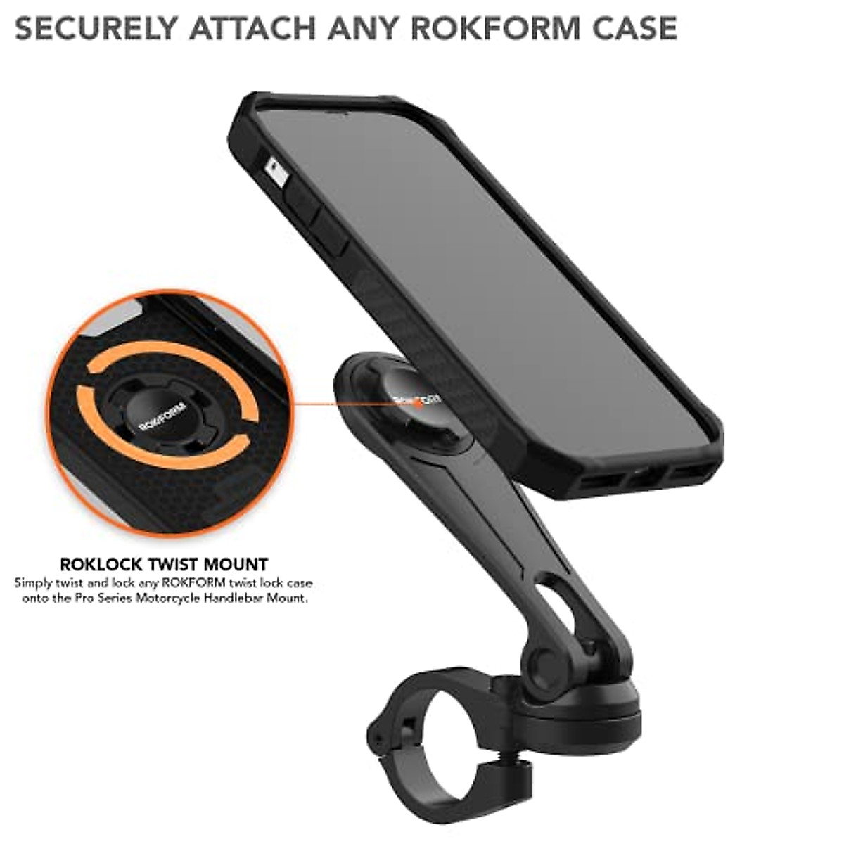 Rokform - iPhone 14 Pro Max Rugged Case + Motorcycle Handlebar Phone Mount (Black)