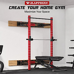 Mappding Folding Squat Rack Wall Mounted, 1100 LBS Foldable Squat Power Rack Weight Cage with Pull Up Bar, J-Cups, Landmine and Partable Space Saving Free Standing for Home Gym Garage Workout, Red