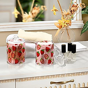 Vnurnrn Clear Plastic Jar Set for Cotton Ball, Cotton Swab, Cotton Round Pads, Floss, Strawberry Pattern with Berries Bathroom Canisters Storage Organizer, Vanity Makeup Organizer,2Pack