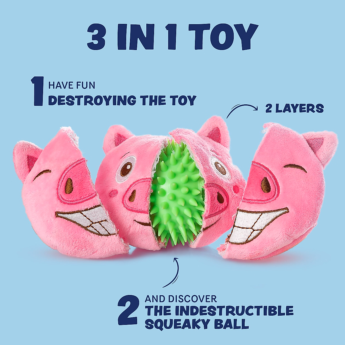 ZENAPOKI Dog Toys for Aggressive Chewers (3in1) - Squeaky and Interactive - for Medium Dogs, Large & Small Breeds - Puppy Teething Chew Toy - Juguetes Perros - Pink