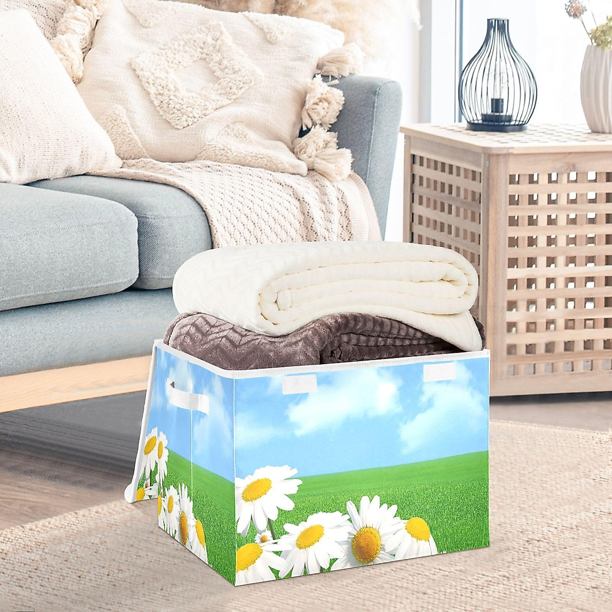 DIGTIA Field Of Daisies Storage Bins with Lids Green Meadow Foldable Storage Basket with Handles Collapsible Large Fabric Organizer Containers for Clothes Shelves Closet Office Home