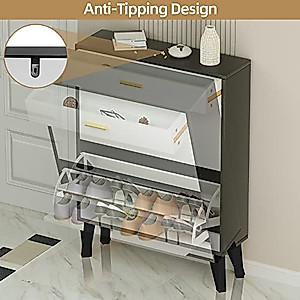 Visionwards Shoe Cabinet, Free Standing Shoe Storage Cabinet, Tipping Bucket Shoe Cabinets with 2 Flip Drawers, Hidden Narrow Shoe Rack Cabinet Storage Organizer for Entryway, Black