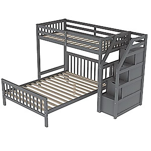 BOVZA Twin Over Full Bunk Bed with Stairs, Twin Size Loft Bed with Storage Staircase & Full Platform Bed, Wooden Bunk Beds for Kids Teens Adults, Gray