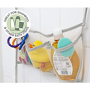 S&T INC. Baby Bath Toy Storage for Tub with Pockets, Kids Bath Toy Holder or Mesh Shower Caddy, Holds Kid Toys, Soaps, or Shampoos, 14 Inch by 20 Inch Net with Hooks Included, Grey, 1 Pack