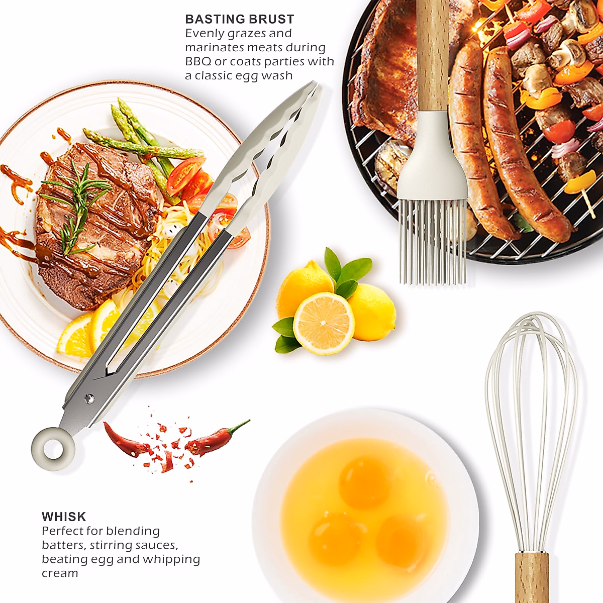 14 Pcs Silicone Cooking Utensils Kitchen Utensil Set - 446°F Heat Resistant,Turner Tongs, Spatula, Spoon, Brush, Whisk, Wooden Handle Kitchen Gadgets with Holder for Nonstick Cookware (BPA Free Khaki)