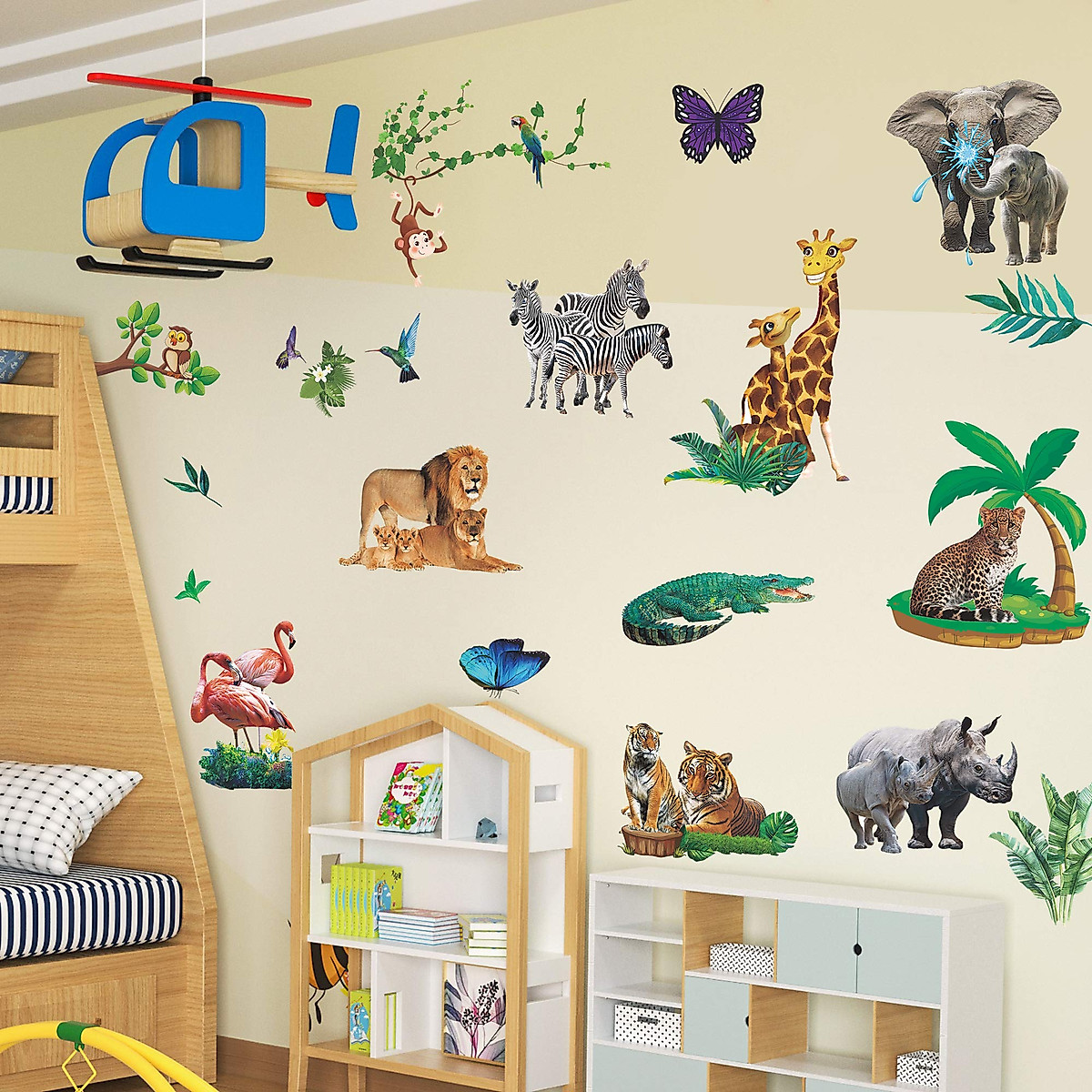 Amaonm Creative Giant Removable Cartoon Zoo Wild Jungle Animals 3D DIY Lion Giraffe Elephant Tree Wall Decals Nursery Decor for Kids Bedroom Living Room Playroom Classroom Hospital Decoration (b)
