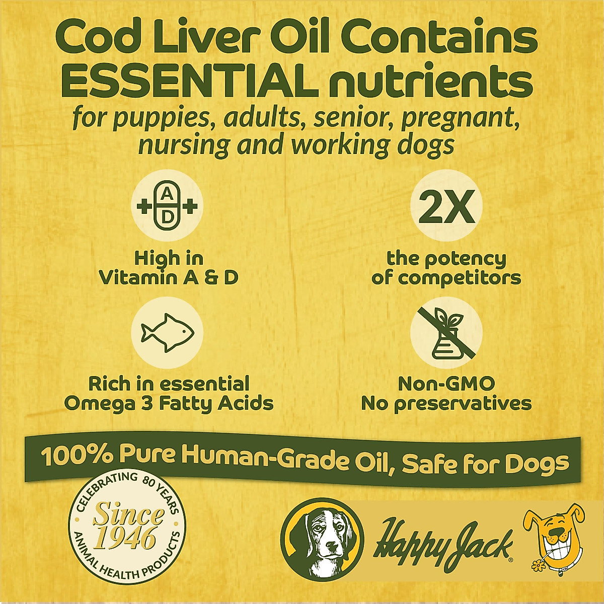 Happy Jack Cod Liver Fish Oil for Dogs Skin and Coat Supplement, Brain, Eyes, Bones, Hip, Joint, Heart & Immune System Health, Energy Booster (16 oz), Omega 3 with EPA & DHA, Vitamin A & D