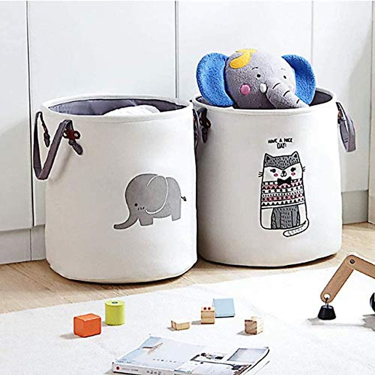 Storage Baskets,Cotton Foldable Round Home Organizer Bin for Baby Nursery,Toys,Laundry,Baby Clothing,Gift Baskets(Elephant)