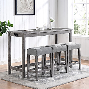LKTART 4 Piece Bar Table Set Dining Bar Table and Chairs Set with Power Outlet Industrial Breakfast Table with 3 Padded Stools Rustic Bar Kitchen Dinning Room Living Room Grey