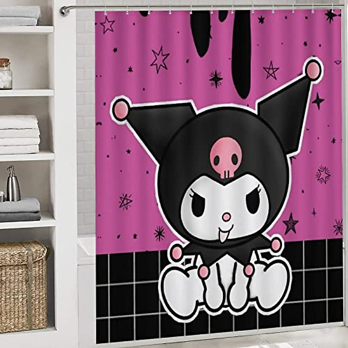 fmsnupz 4PCS Anime Shower Curtain Set, Cute Bathroom Decor with Non-Slip Rugs, Toilet Lid Cover and Bath Mat, Waterproof Fabric Shower Curtains with 12 Hooks, 70.8"x70.8"