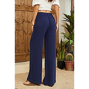 SVALIY Women Flowy Pants Cotton Linen Wide Leg Palazzo Pants Long Lounge Slacks High Waist Button Trousers Pocket Navy M