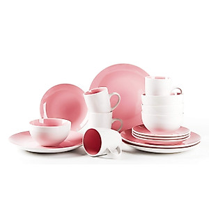 HomeVss, Stoneware Coupe Shape 16pc Dinnerware Set, Outside White + Inside Pink