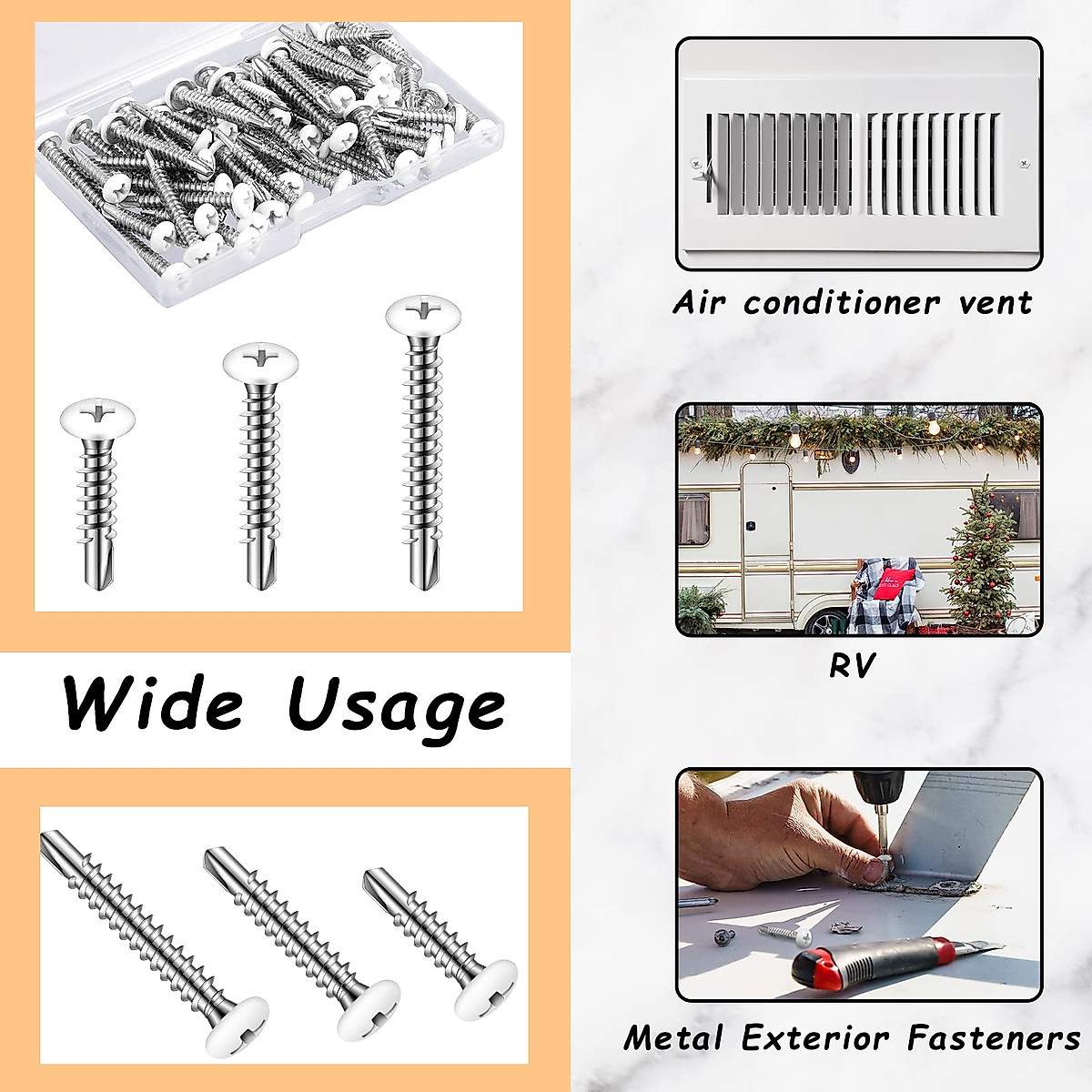 120 Pcs #8 White Pan Head Screw White Sheet Metal Screws Self Tapping Screws for Metal Quad Drive Self Tapping Drill Screws Cargo RV Exterior Fasteners, Enclosed Trailer Repair Screws,3 Sizes