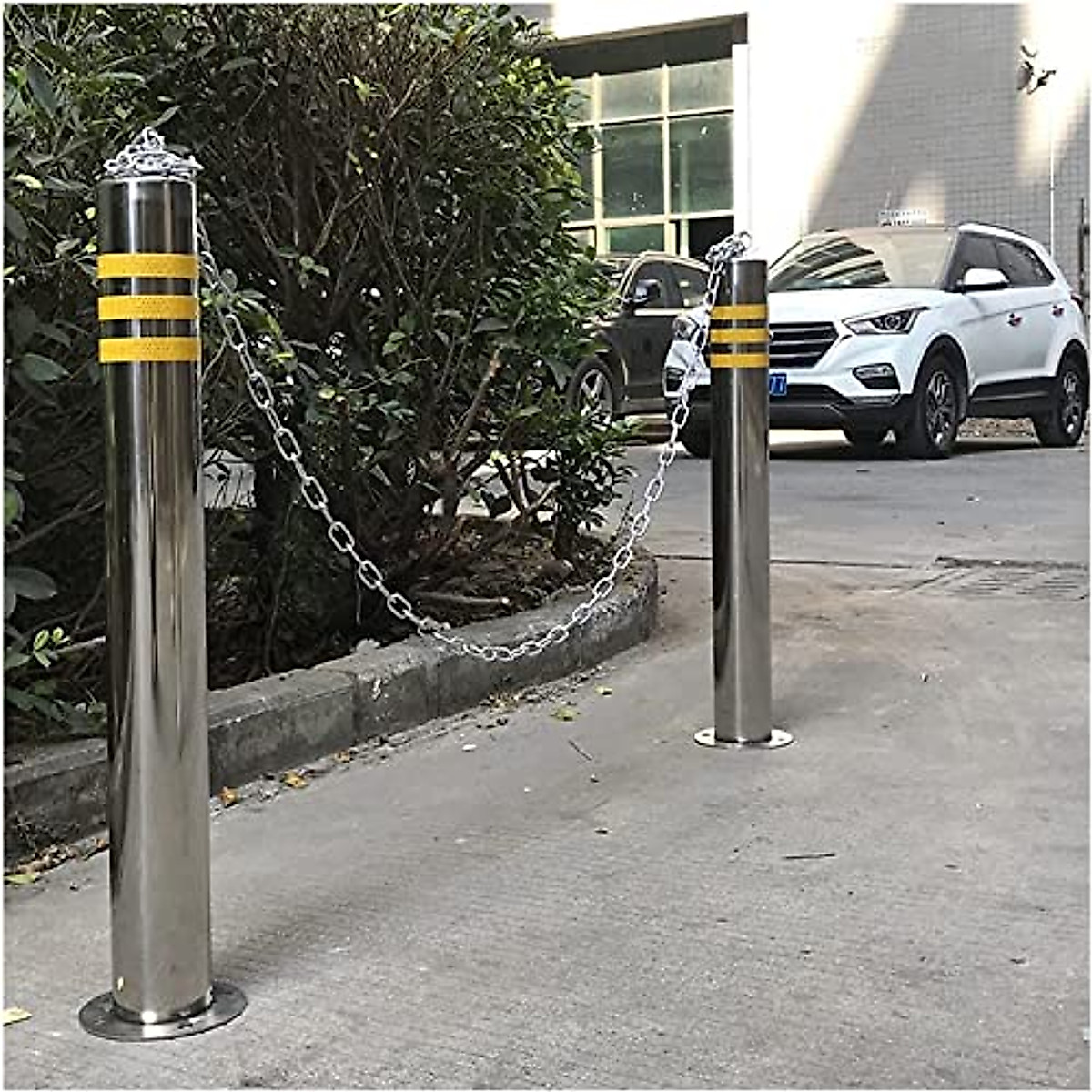 CAIMIAO 2X Stainless Steel Parking Bollard Road Pile and 3M Chain,Anti-Collision Bollard Post with Hangings and Reflective Tape,Easy Install Dedicated Parking Space Lock