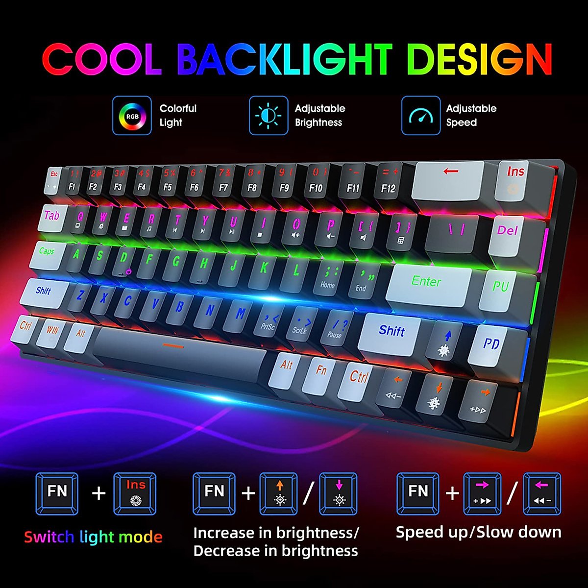 Horoper Computer Mechanical Keyboard, Mechanical Keyboard 68‑Key Red Shaft Green Shaft Dual Color RGB Backlit Gaming Mechanical Keypad (Gray)