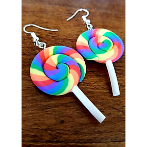 Colorful Rainbow Lollipop Dangle Earrings Sweet Lovely Swirl Lollipop Candy Pendant Drop Earrings Sugar Sweets Set for Women (Iridescent)