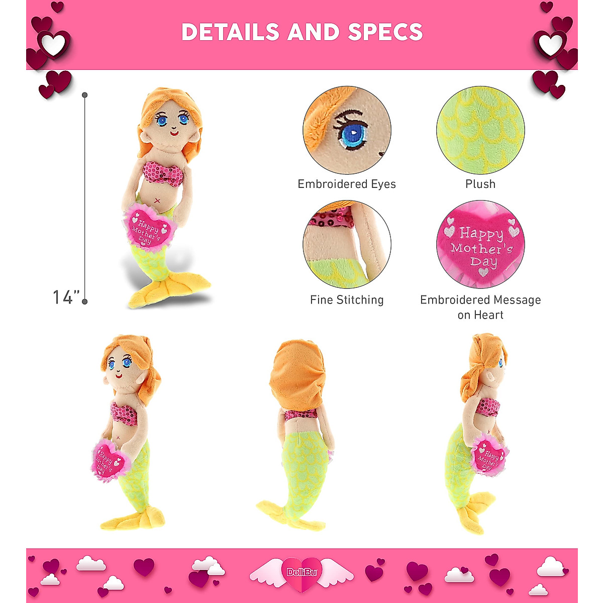 DolliBu Happy Mother's Day Super Soft Plush Green Mermaid Doll Figure - Cute Stuffed Animal with Pink Heart Message for Best Mommy, Grandma, Wife, Daughter - 14" Inches