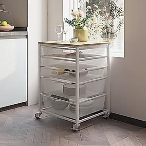 5 Tier Mesh Rolling File Cart, Multipurpose Movable File Chest Cabinet Storage Organizer with Wooden Top, Industrial and Rustic Style Storage Utility Cart for Bathroom, Kitchen, Bedroom - White