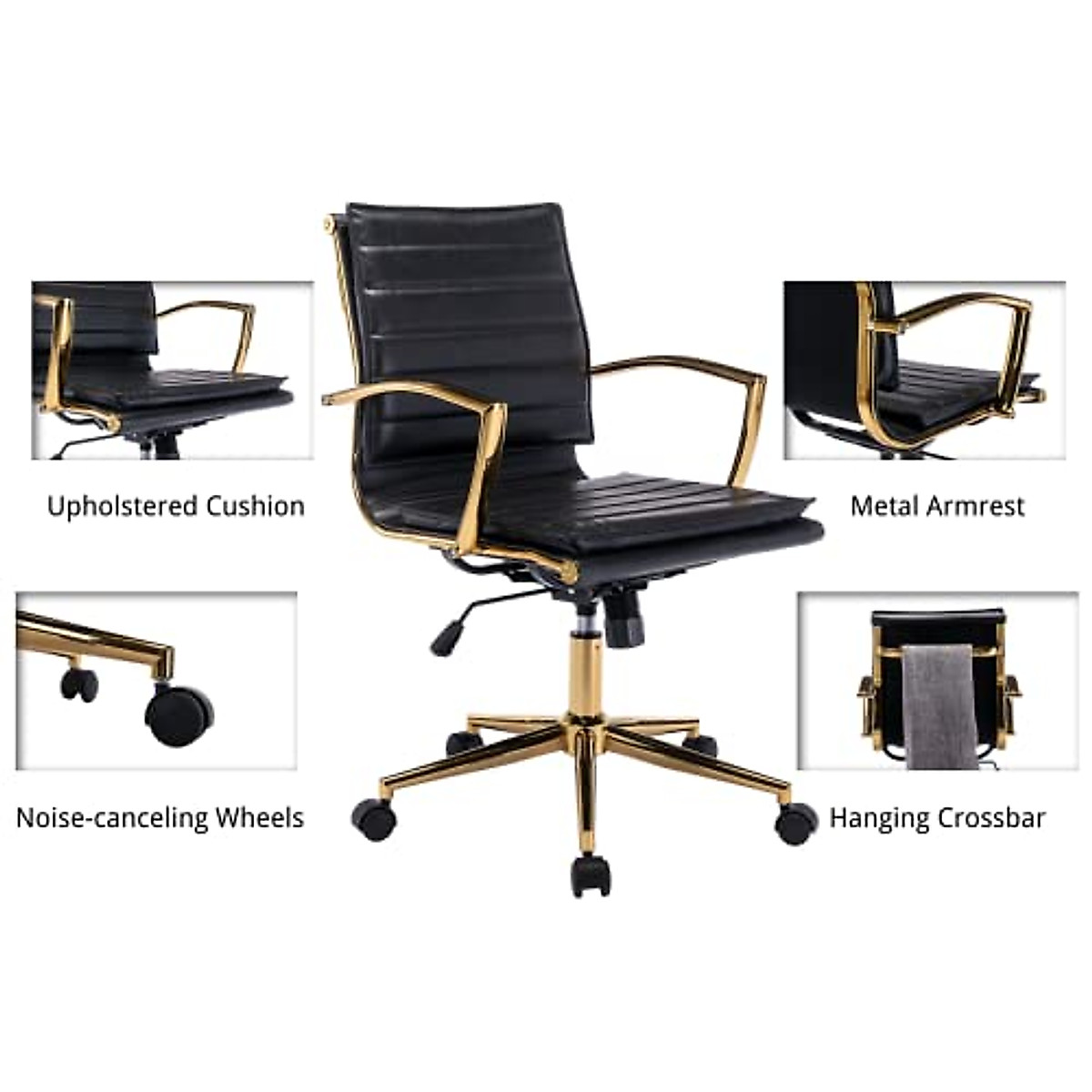 Shunzhi Leather Desk Chair with Armrest PU Leather Office Midback Adjustable Home Computer Executive Swivel Conference Task Managers Chair with Chrome Base, Black and Gold