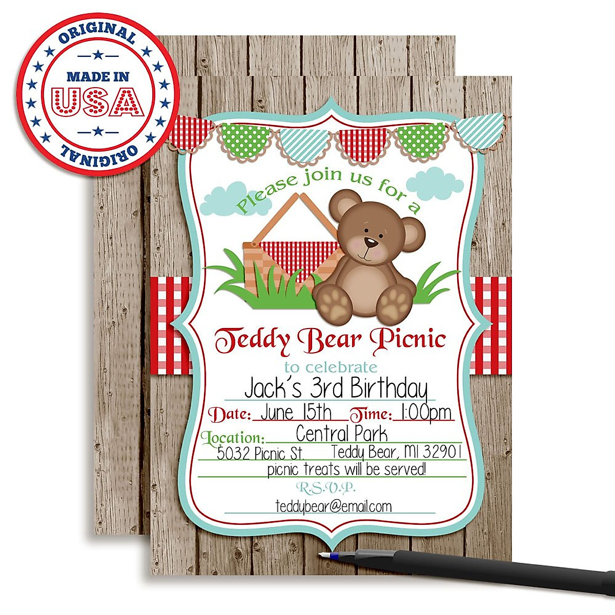 Teddy Bear Picnic Birthday Party Invitations, 20 5x7 Fill In Cards with Twenty White Envelopes by AmandaCreation