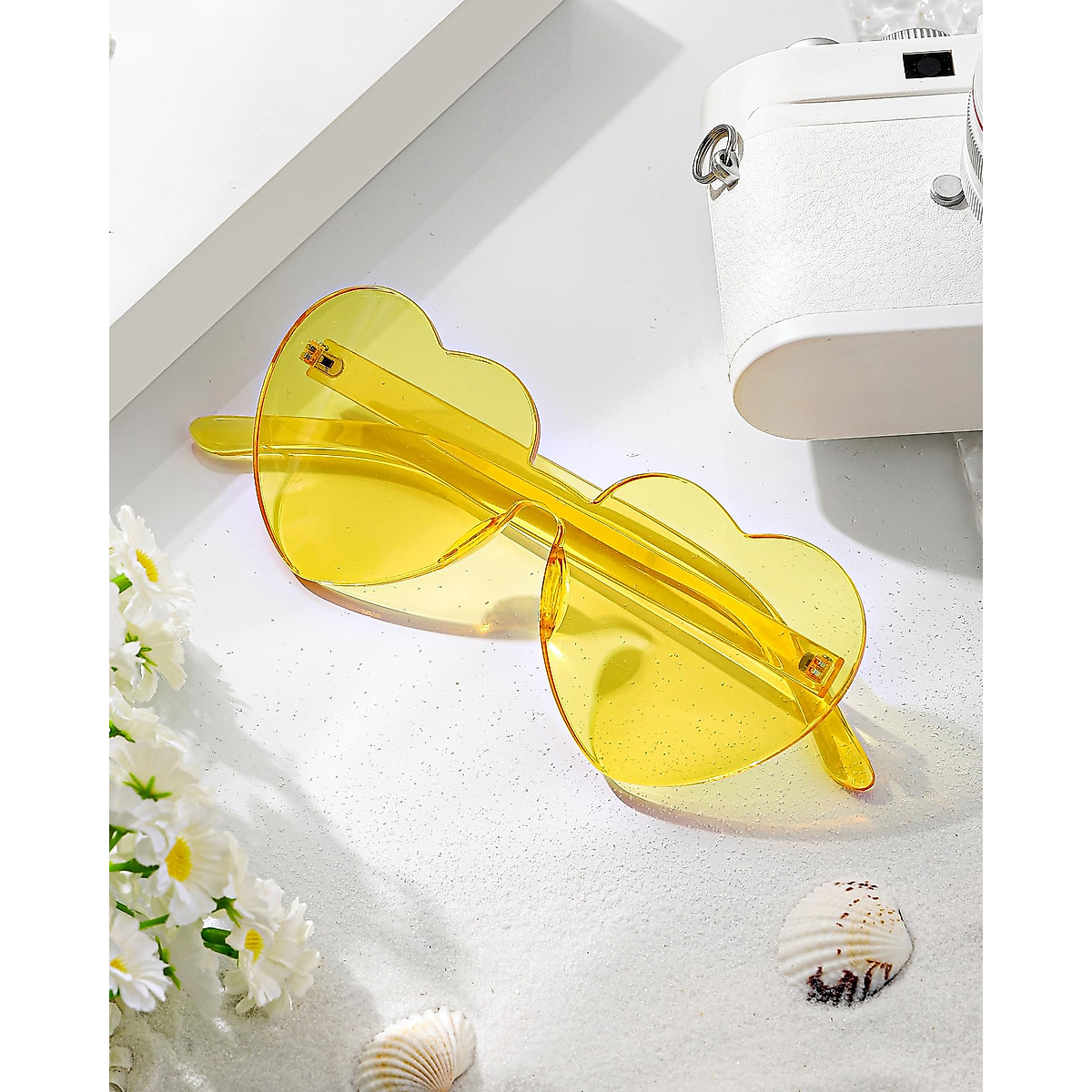 LYMOJOR Yellow Heart Sunglasses Thick Heart Glasses Rimless Fun Cute Heart Shaped Sunglasses for Women Party Favors, 2 Pack