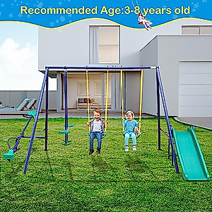 HooKung Swing Set for Backyard Outdoor Heavy Duty A-Frame Metal Playset with Seesaw, 2 Swings, Slide and Glider for Kids Toddlers