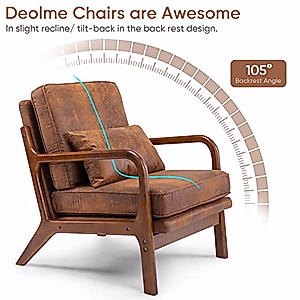 Mid Century Modern Accent Chair Set of 2 Living Room- Comfy Solid Wood Arm Chair with Lumber Pillow Lounge Decorative Brown Leather Office Side Chair Bedroom Reading Nook Sillas De Sala Microfiber