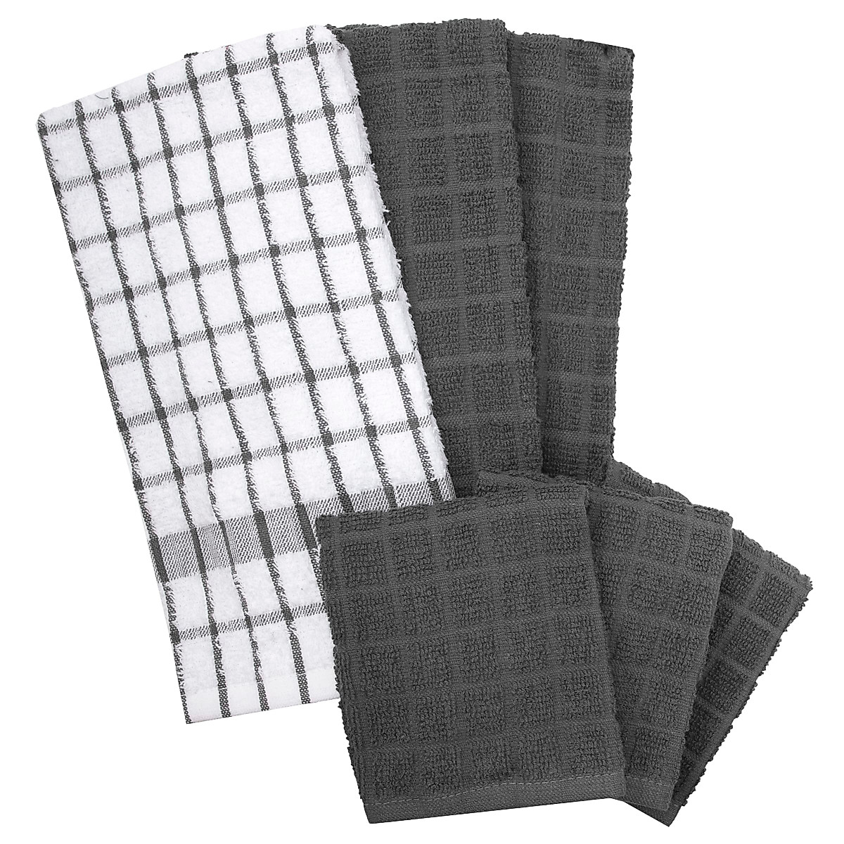 Ritz Premium Kitchen Towel and Dish Cloth Value Set: Highly Absorbent, Super Soft, Long-Lasting, 100% Cotton Checked and Solid Hand Towels, Tea Towels, Bar Towels - 6 Pack, Graphite