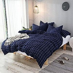 Merryfeel Seersucker Duvet Cover Set King,100% Cotton Yarn Dyed Seersucker Woven Check Bedding Set,3 Pieces(1 Duvet Cover with 2 Pillowshams),Navy Color King