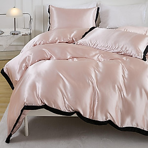 Satin Bedding Set Twin Pink Silky Duvet Cover Sets Luxury Silk Like Satin Comforter Cover Black Ruffle Bedding Sets 1 Duvet Cover 1 Pillow Sham (Twin, Pink)