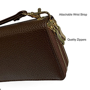 Double Zipper Wristlet Wallet Long Zip Around Clutch Travel Purse for for Cards, Cash, Checkbook, Passport (Grain-Brown 01)