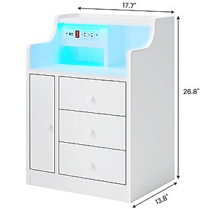 ADORNEVE LED Nightstand with Charging Station,Night Stand with Hutch for bedroom,Bedside Table with Drawers,Modern End Table,White