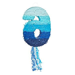 BLUE PANDA Number 6 Pinata - Pull String Pinata for Boys 6th Birthday Party Decorations, Ombre Blue (16.5 x 11.3 x 3 In)