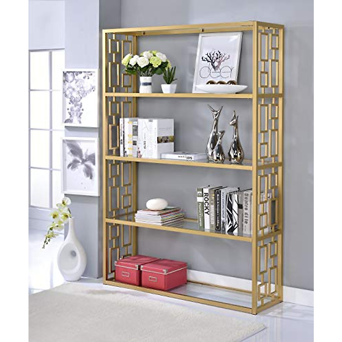 ACME Blanrio Bookshelf - - Gold & Clear Glass
