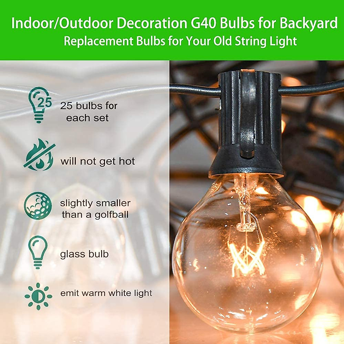 G40 Replacement Light Bulbs, 5W Globe Bulbs fits E12/C7 Candelabra Screw Base, 1.5 Inch Clear Small Light Bulbs for Indoor Outdoor String Light Bulbs Decor, Pack of 25