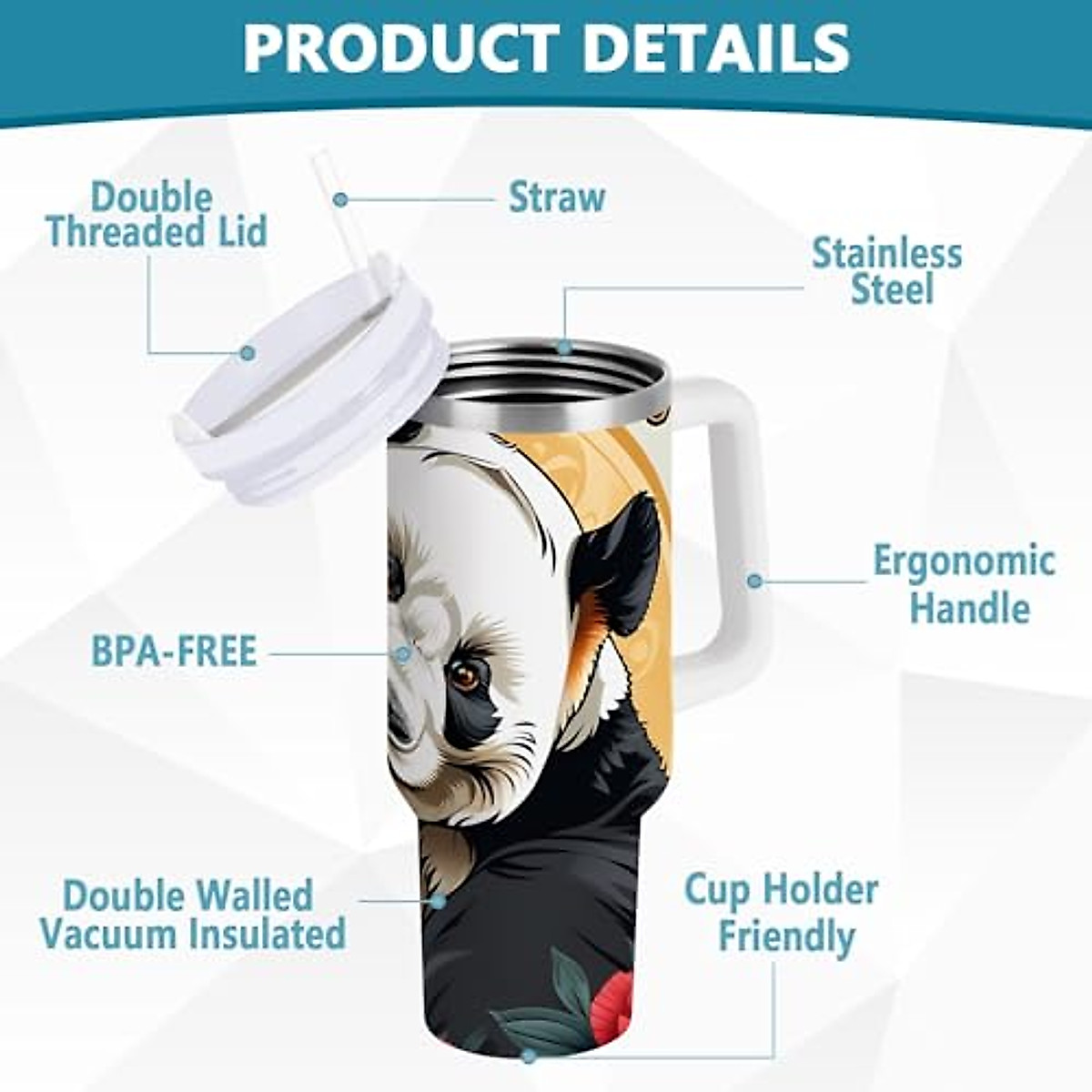 Panda with Floral Tumbler With Handle And Straw 30-40oz Insulated Tumbler Cups With Lid Stainless Steel for Cold Water and Drinks for School Work Sports Car Travel and Weekends