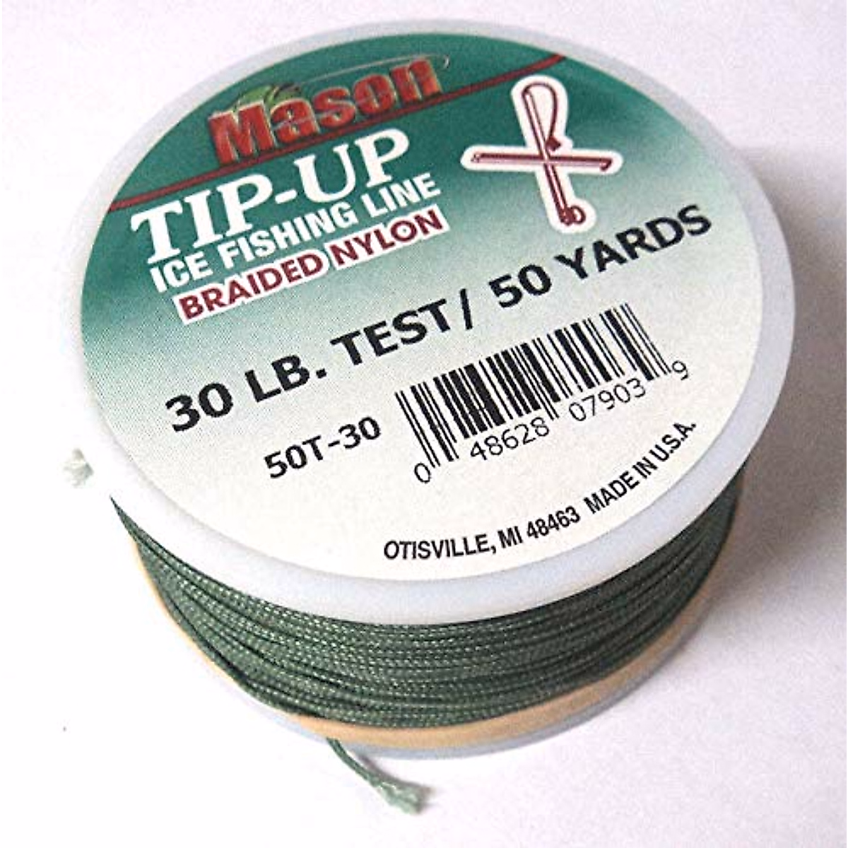 Mason Tip-Up Ice Fishing Line, Braided Nylon, Green, 30# Test 50 Yd #50T-30