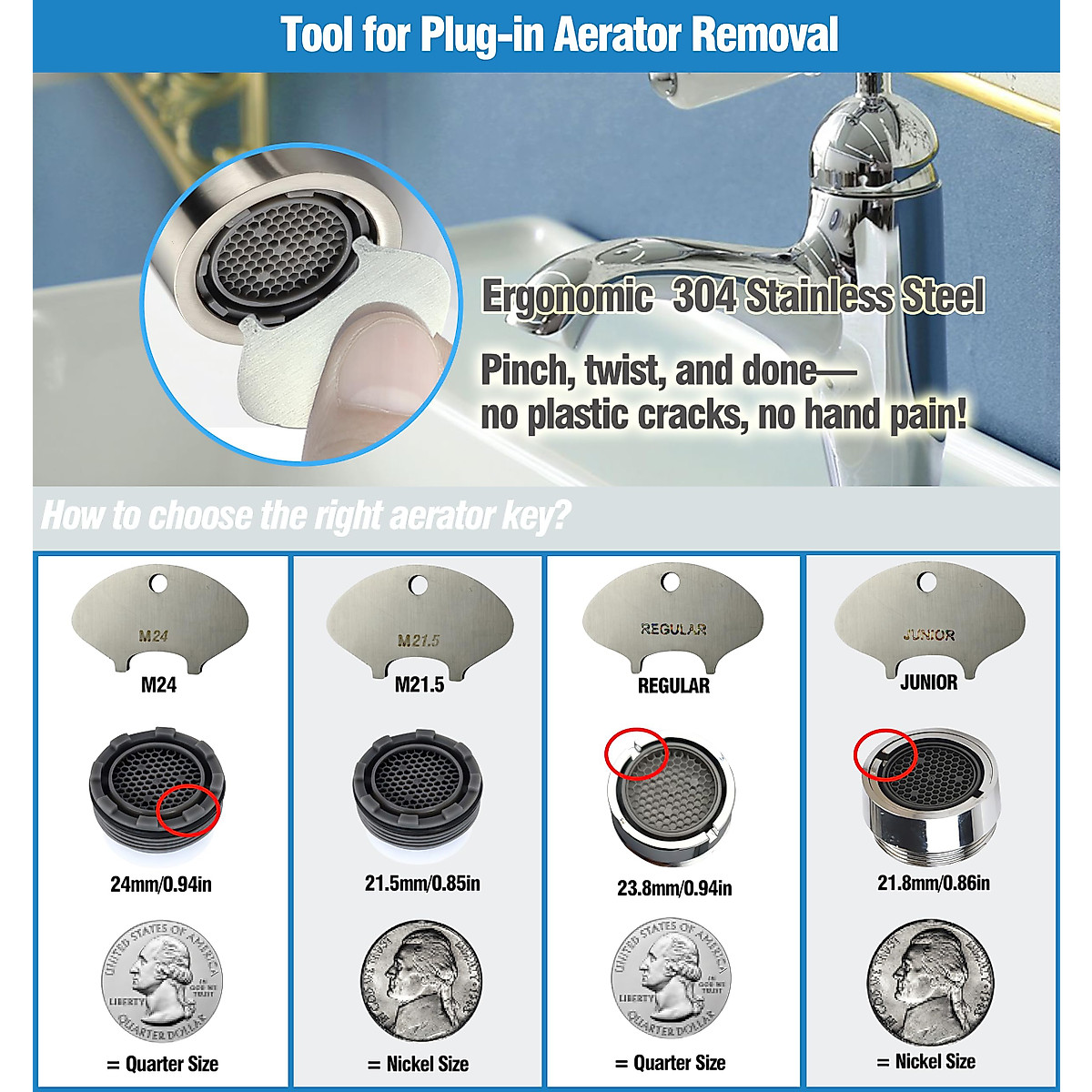 3-in-1 304 Stainless Steel Aerator Key & Faucet Aerator Removal Tool Set – Fits M20, M22, M24, M28, Cache Aerators (M21.5, M24, Junior, Regular) & Adjustable for Female Threads (16–34mm)