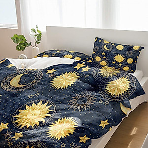 FarmBed Boho Yellow Sun Moon Flowers Stars 3-Piece Bedding Sets Luxury Soft Duvet Cover Queen,Microfiber Bet Comforter Protector with Pillow Shams for Women Men Teens,Bohemian Hippie Art