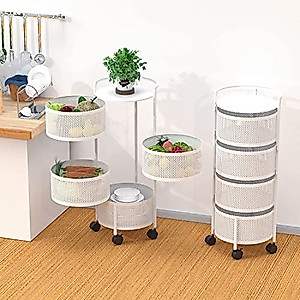 Rotating Storage Shelves Rack for Kitchen, 4-Tier Multi Layer Removable Basket Shelf Organizer on Rolling Wheels for Fruit Vegetable Grocery Corns Potato Onion (4-Tier , White)