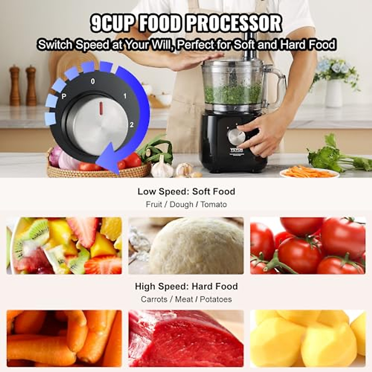 VEVOR Food Processor, 9 Cup Small Vegetable Chopper, 600 Watts 2 Speed Electric Meat Processors, 10Pcs Blade & Disc, Built-in Storage Drawer, Large Feed Chute & Pusher, Slice, Shred, Puree, dough