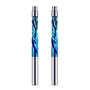 BITITZ 2PCS Sprial Flush Trim Router Bit Compression Cutting with Coating 1/4" Shank 1-1/8" Cutting Length Up Down Carbide Mill for Woodwork Template