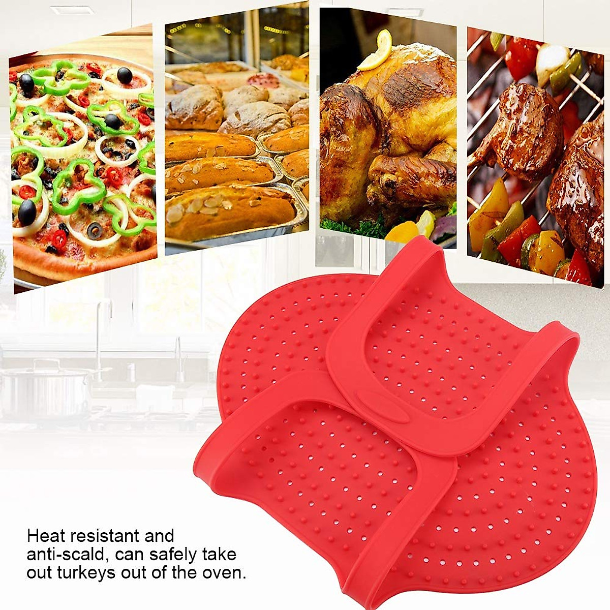 Non-Stick Turkey Lifter, Food Grade Silicone Heat Resistant Meat Lifter, Poultry Cooking Mat for Oven Chicken Baking Mat Pan Roast(Red, Orange, Green)(Red)