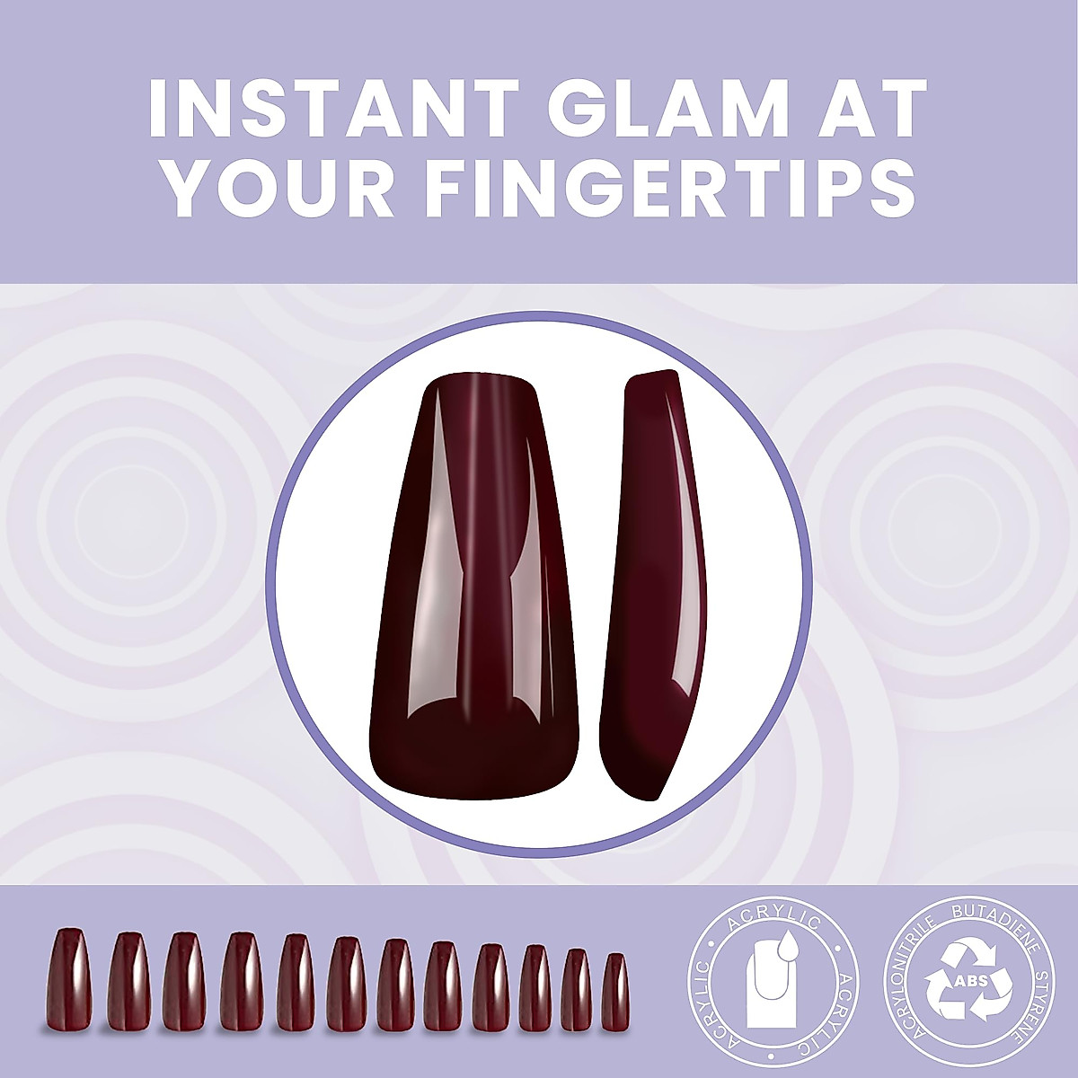 Dark Maroon Tapered Midi Long Coffin Press on Nails