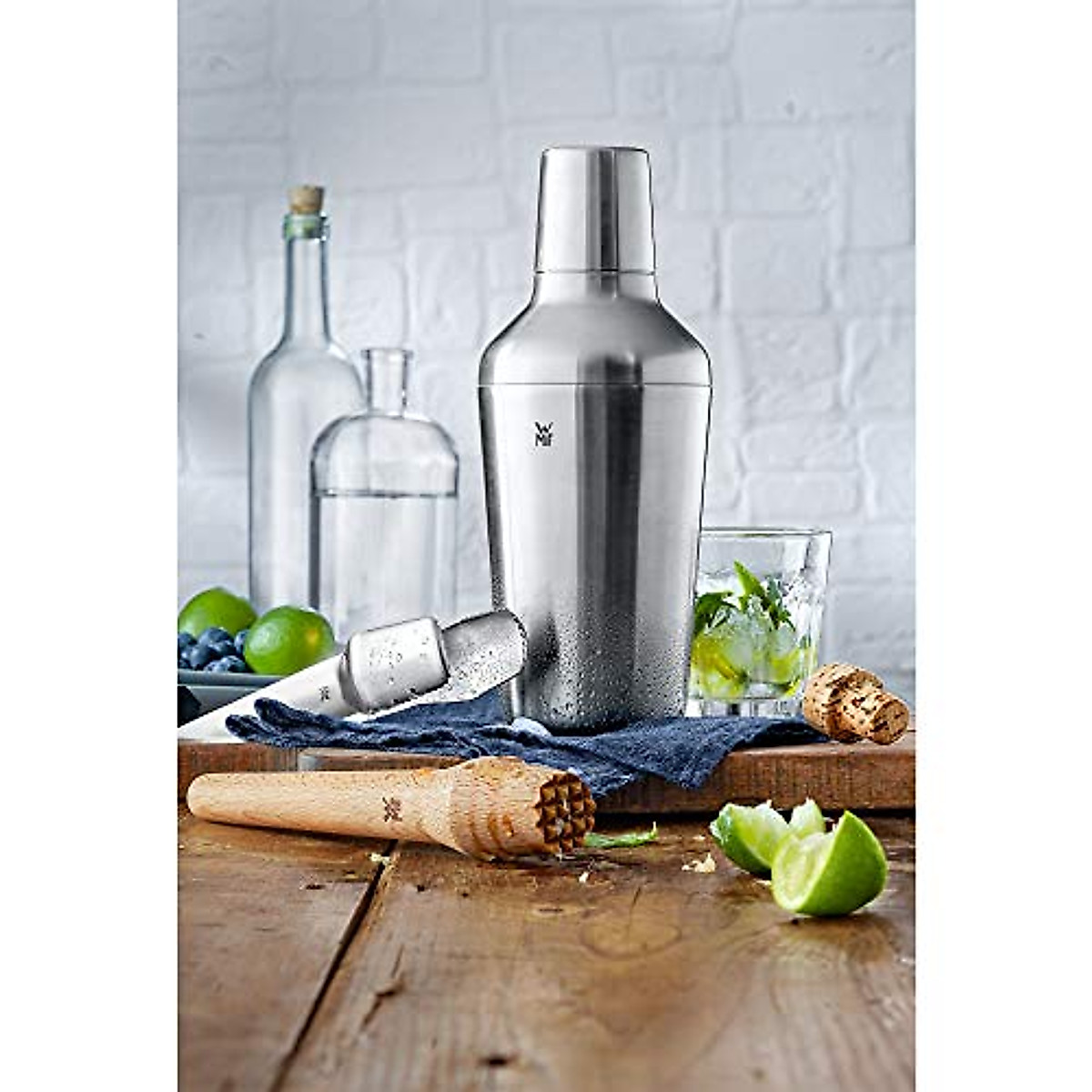 WMF Cromargan 5pc Stainless Steel/Beech Wood “Matrjoshka” bar Gift Set (Jigger, Tongs, Sieve, Pestle, Measure), Dishwasher Safe