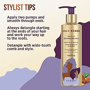 Pantene Gold Series Detangling Milk Hair Treatment for Curly Hair, Natural and Textured Hair, 7.6 Fl Oz Leave-On Hair Detangler Infused with Rich Argan Oil, Dye and Sulfate Free Formula