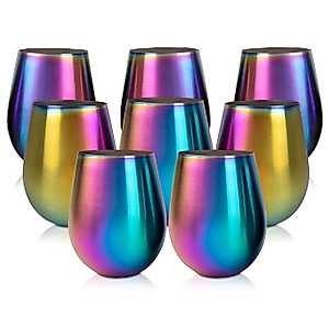 'Eco Unbreakable Holographic Stainless Steel Wine Glasses (16 oz, Set of 8) - Multi-Color Wine Tumblers Maintain Drink Temperature - Great for Entertaining & Parties - Shatterproof, Reusable Tumblers