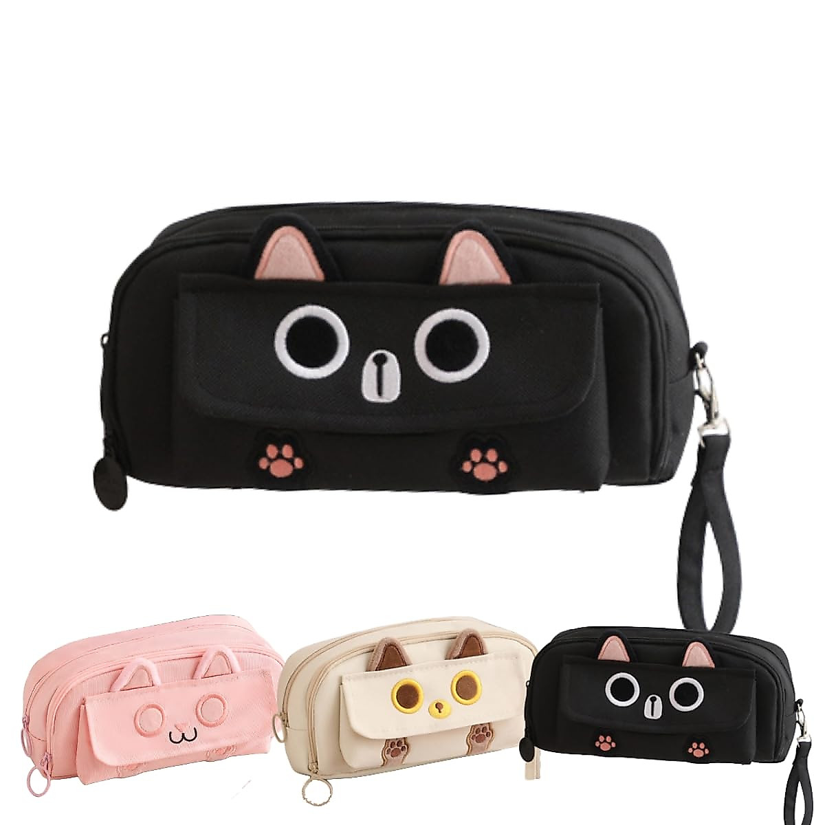 NIORYUZ 2024 Kitty Cat Pencil/Pen Pouch 4-Layers Extra Capacity Cosmetic Organizer Pen Brush Holder Mesh Pockets (4 Layers - Black)