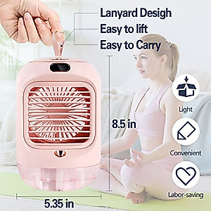 3 IN 1 Portable Air Conditioners, Air Conditioner Portable for Room Sprayable Misting Humidification Cooling Fan, 3600mAh USB Rechargeable, 3-Speed, Desk Fan with LED Display for Office, Home (Pink)