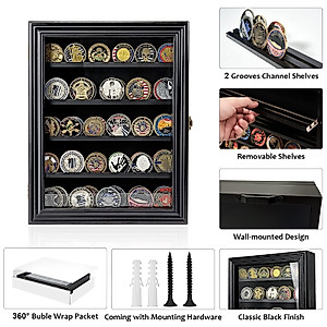 ASmileIndeep Military Challenge Coin Display Case Holder with HD Toughened Glass and Wall Mount, Wooden Coin Stand Rack with Removable 2 Grooves Shelves for Poker Chips Collectibles, Black…